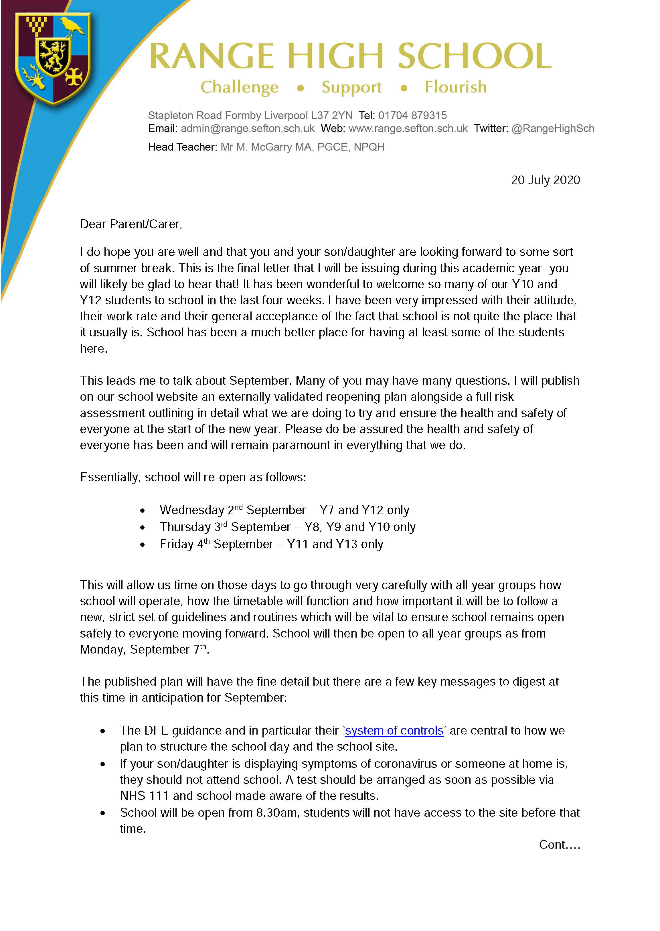 Letter To All Parents End Of Term 20 07 20 Range High
